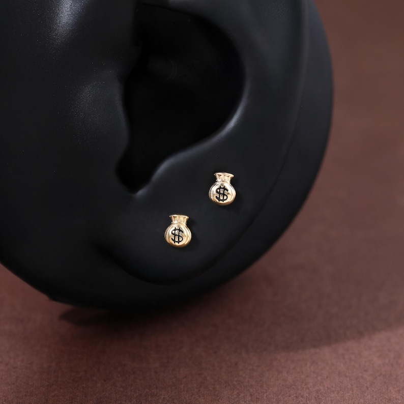 14K Solid Gold Money Bag Stud Earring/dollar Sign Threadless Push Pin ...