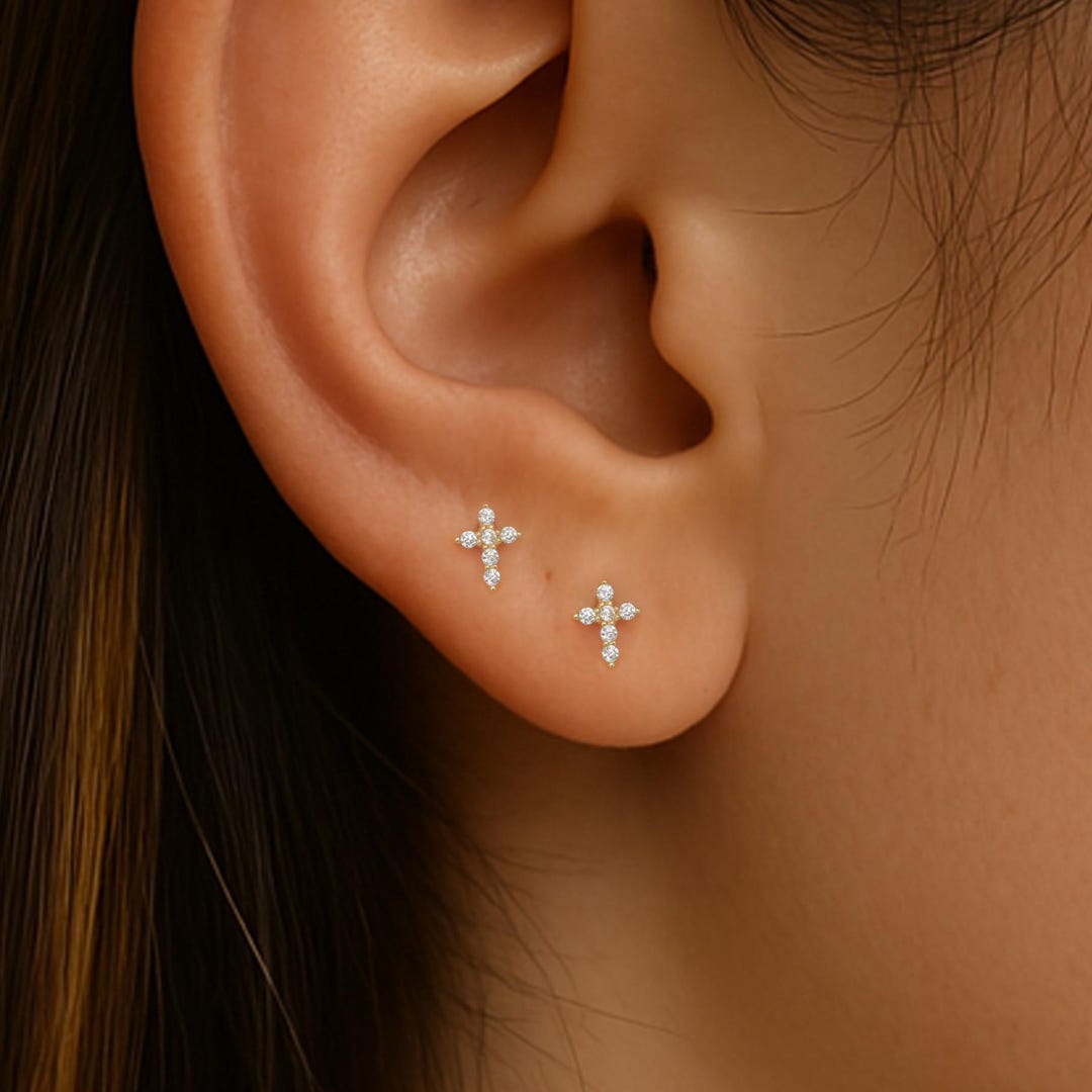 14K Solid Gold Tiny Cross Helix Flat Back Stud/clear CZ Cartilage Stud ...
