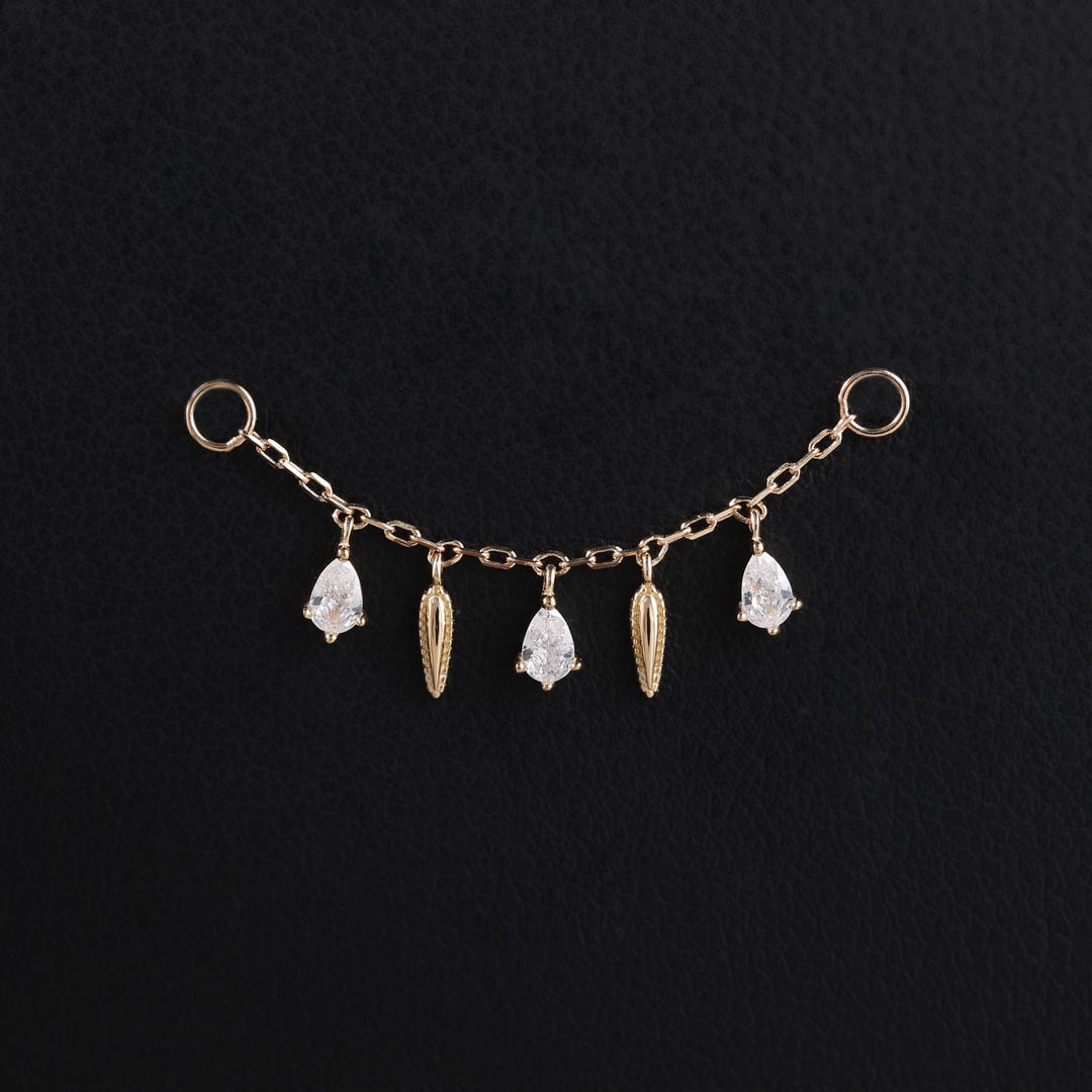 14K Solid Gold Dangle CZ Teardrop Chain Earring: Cartilage Conch Helix ...