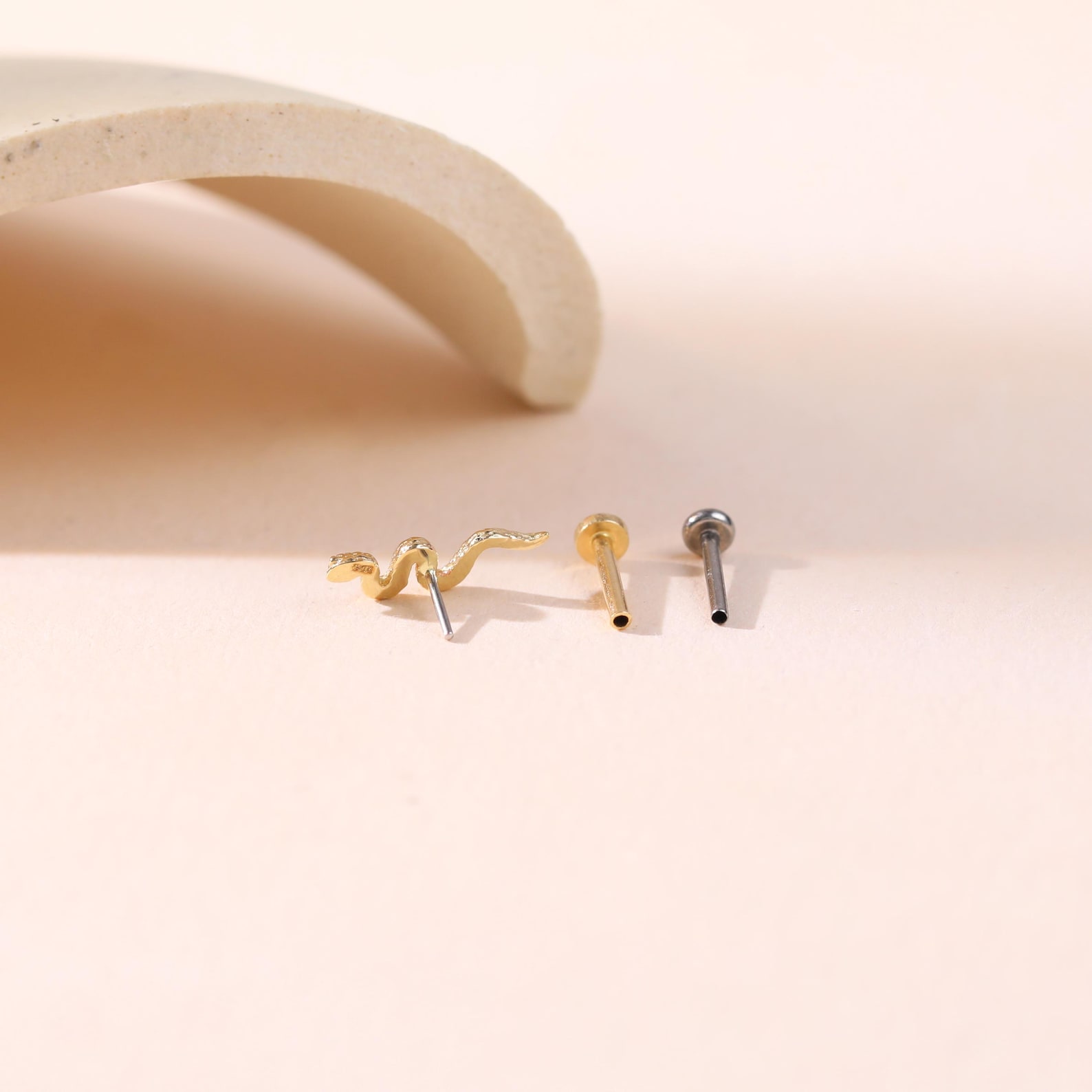 14K Solid Gold Snake Shape Piercing/serpent Textured Lobe Stud/helix ...