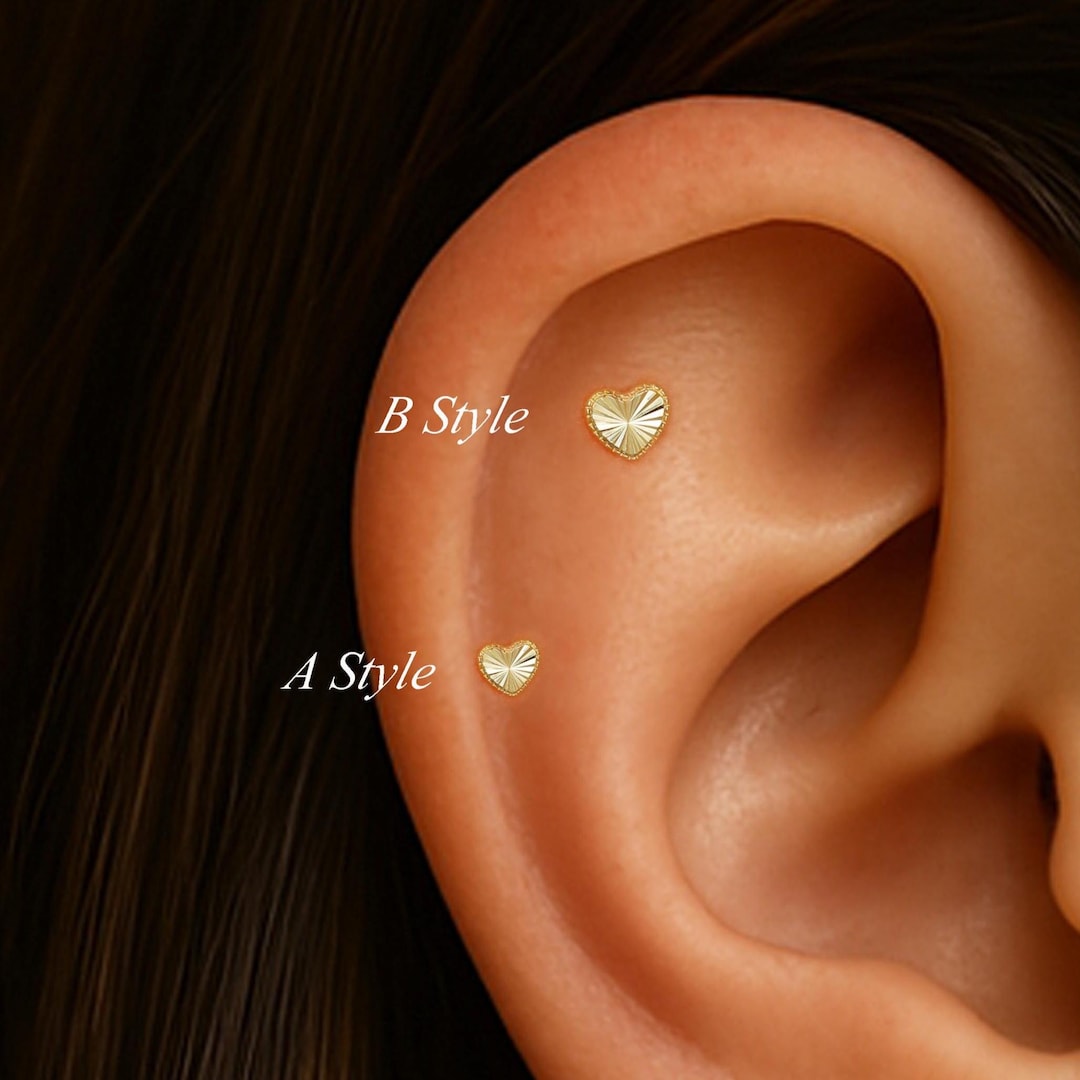14K Solid Gold Heart Diamond Cut Stud/threadless End Tragus Stud/helix Nose Push Back/love Heart ...