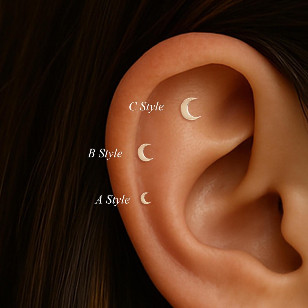 14K Solid Gold Crescent Piercing/moon Tragus Push Back Stud/14k ...