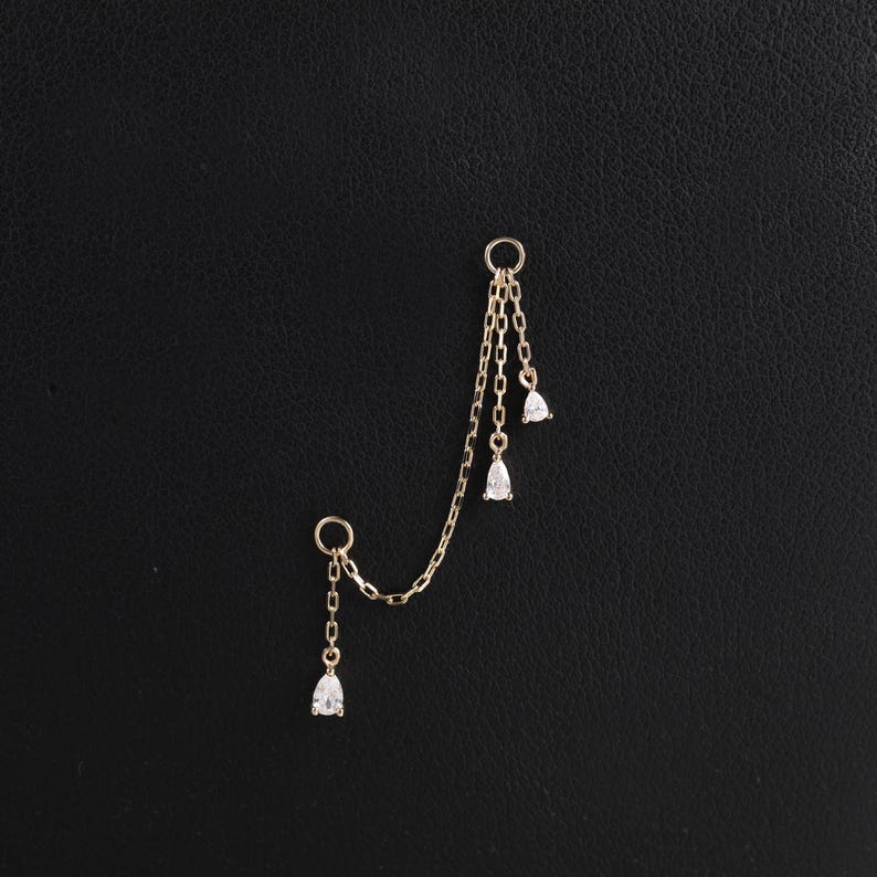 14K Solid Gold Dangle Teardrop Chain: Clear CZ Multi Layer Cartilage ...