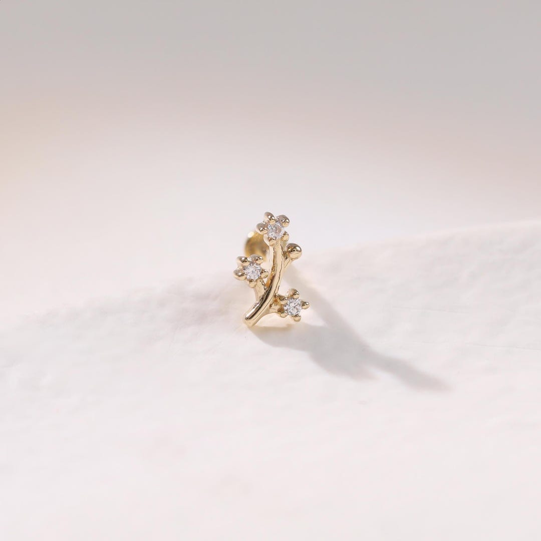 14K Solid Gold Flower Branch Stud/tragus Cartilage Flat Back Stud/plant ...
