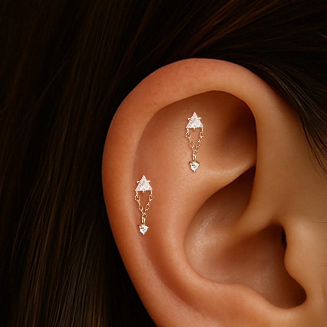 14K Solid Gold Diamond Triangle Cartilage Stud/dangle Chain Lobe ...