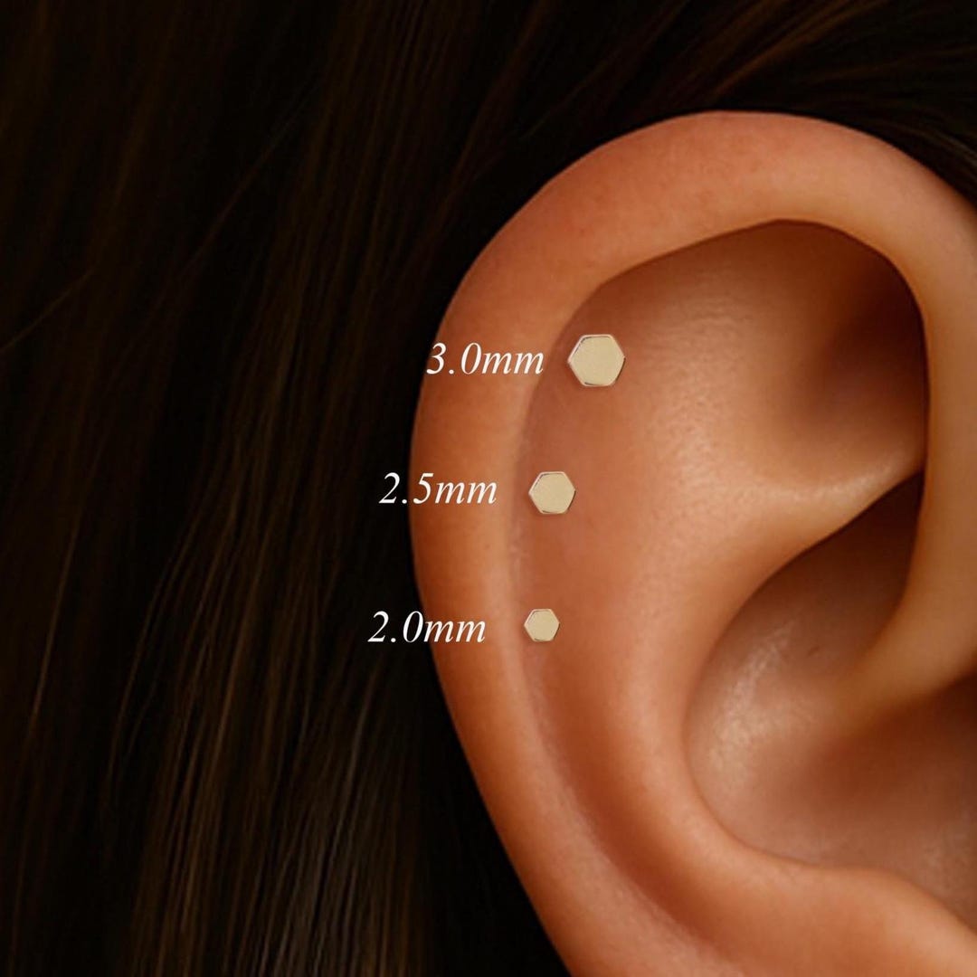 14K Solid Gold Hexagon Piercing/geometric Helix Tragus Stud/threadless ...