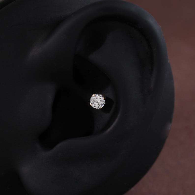 14K Solid Gold CZ Screw Back Stud Earring: Cartilage Lobe Conch ...