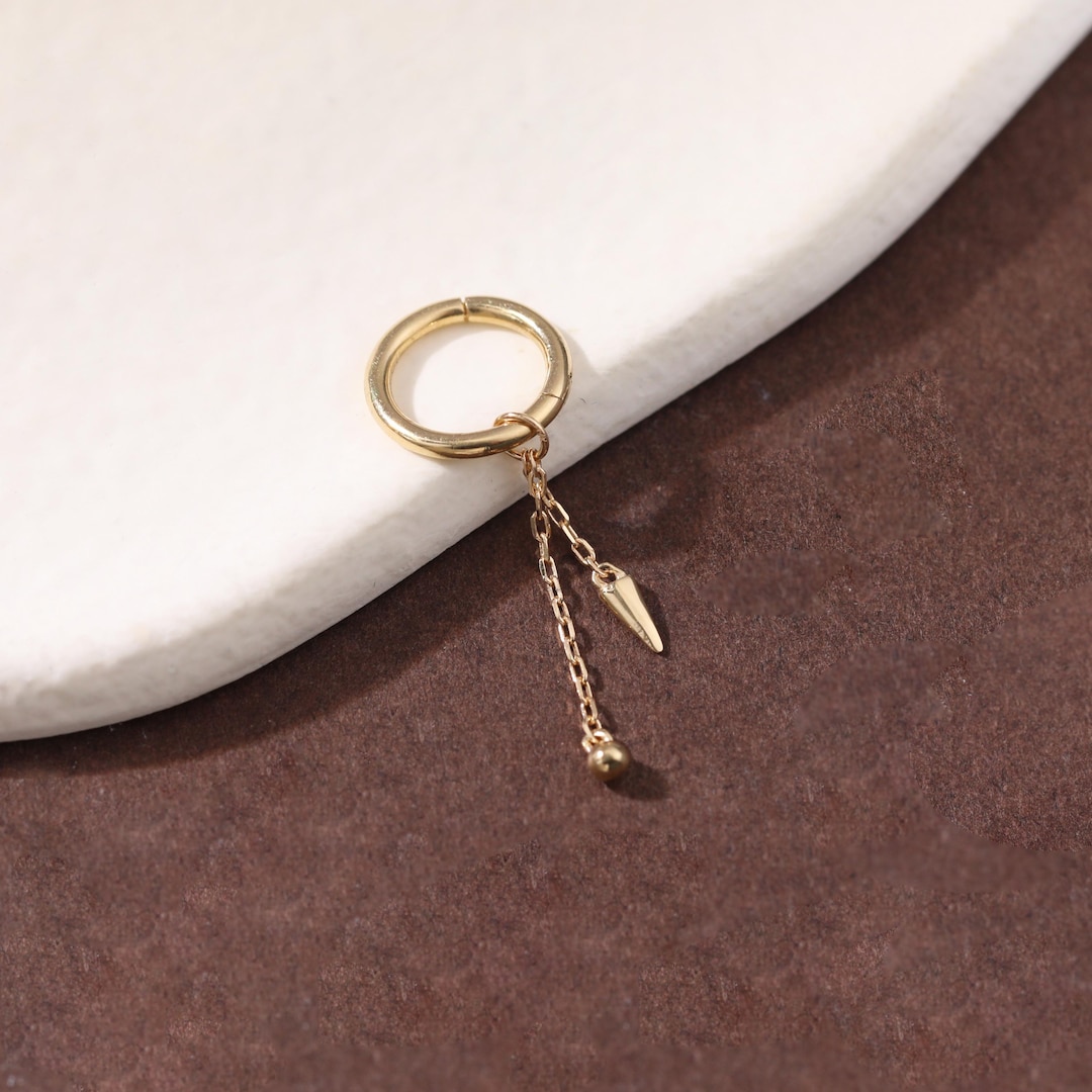 14K Solid Gold Dangle Spike & Ball Charm/double Chain Clicker Charm ...