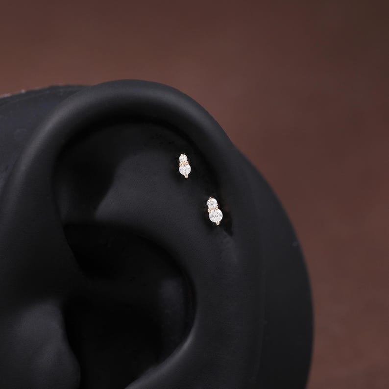 14K Solid Gold Double Diamond Flat Back Stud: Tiny Cartilage Helix ...
