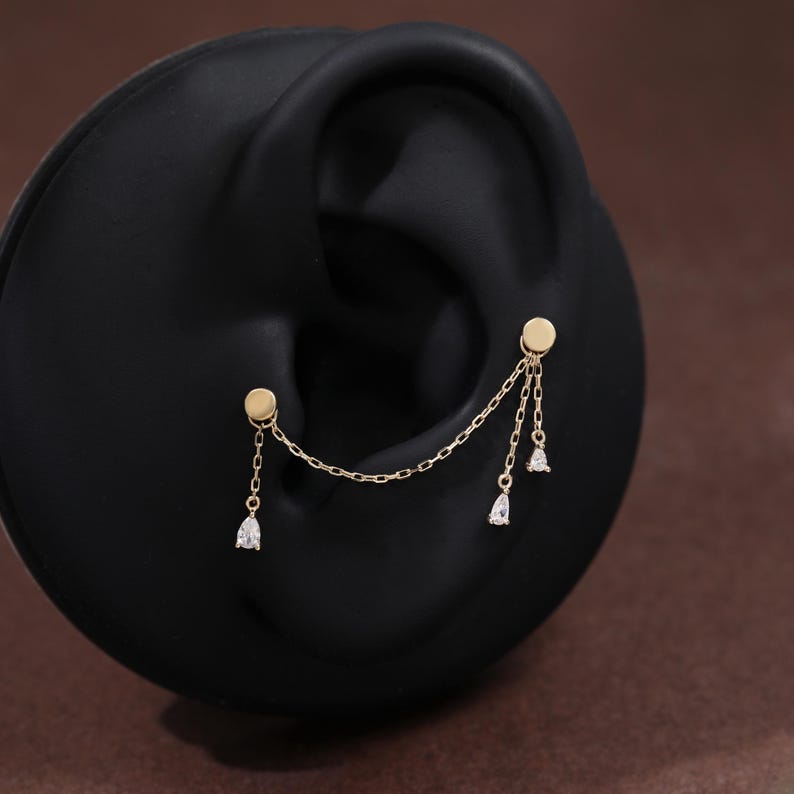 14K Solid Gold Dangle Teardrop Chain: Clear CZ Multi Layer Cartilage ...