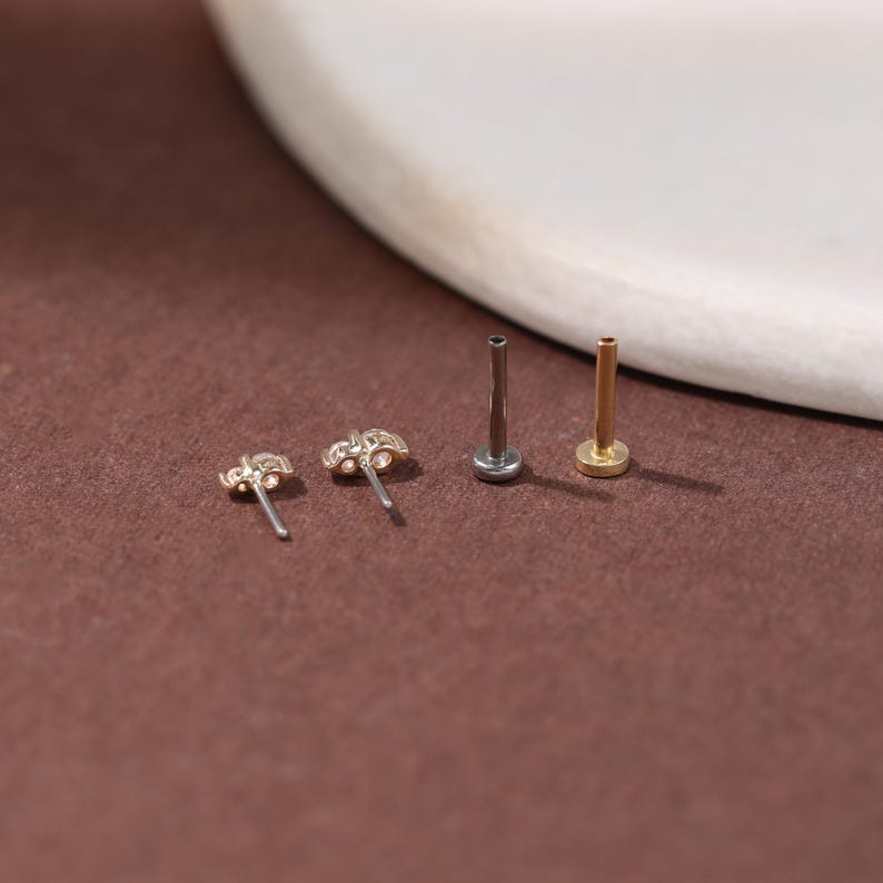 14K Solid Gold Double Diamond Flat Back Stud: Tiny Cartilage Helix ...