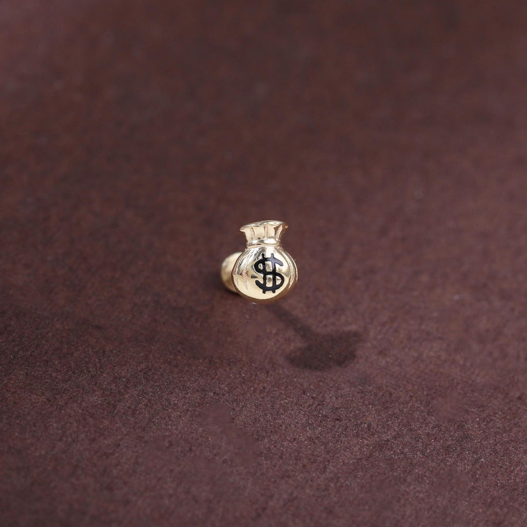 14K Solid Gold Money Bag Stud Earring/dollar Sign Threadless Push Pin ...