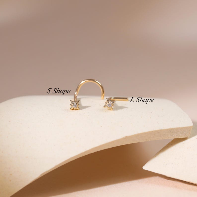14K Solid Gold Diamond Star Nose Stud/l Shaped Celestial Nose Ring/s ...