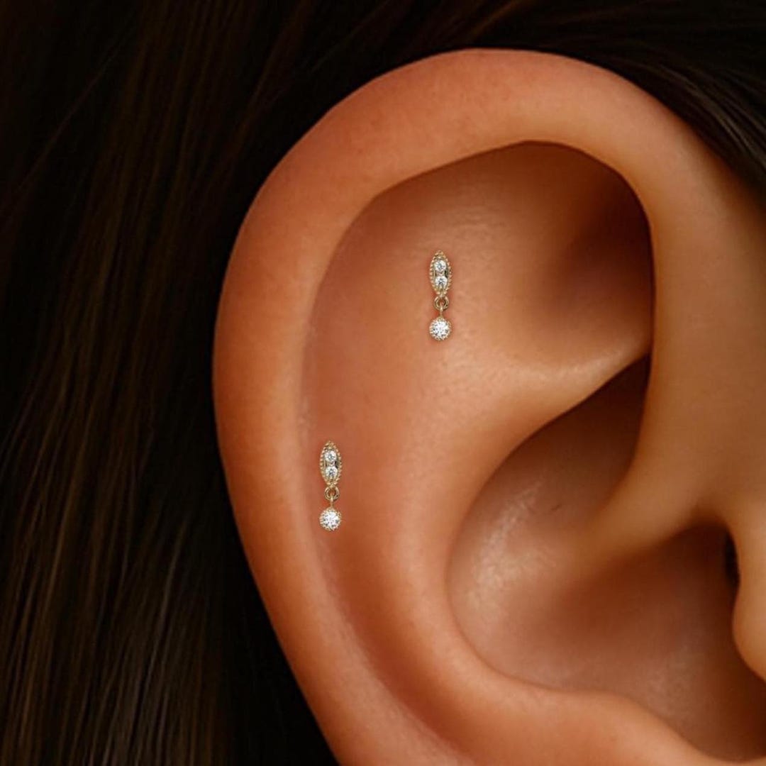 14K Solid Gold Dangle Clear CZ Cartilage Push Back/minimalist CZ Helix ...