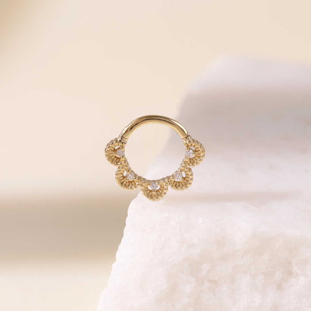 14K Solid Gold Diamond Floral Clicker/flower Septum Daith Nose Hoop ...