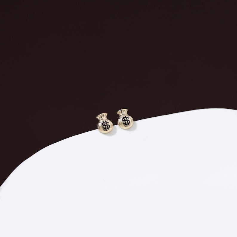 14K Solid Gold Money Bag Stud Earring/dollar Sign Threadless Push Pin ...