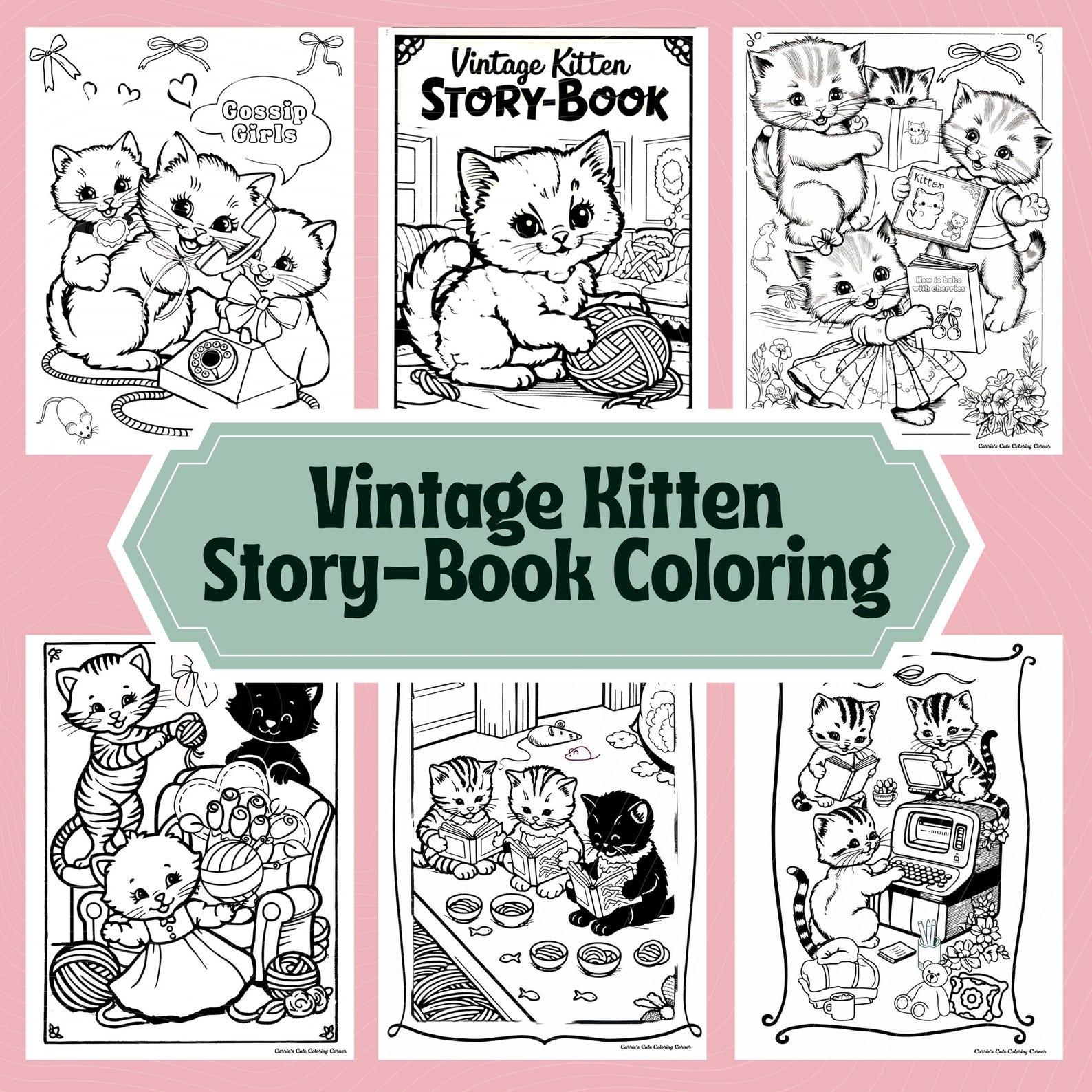Retro Kitten Digital Coloring Pages, Vintage Cat Color Sheets ...