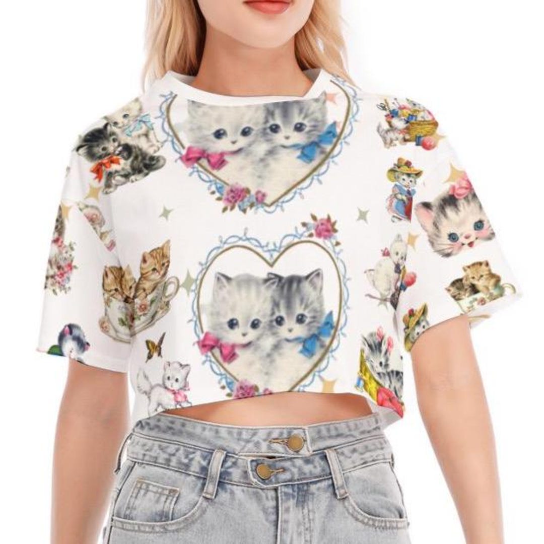 Retro Kitten Cropped Top, Vintage Cat Crop Tops, 90s Aesthetic ...