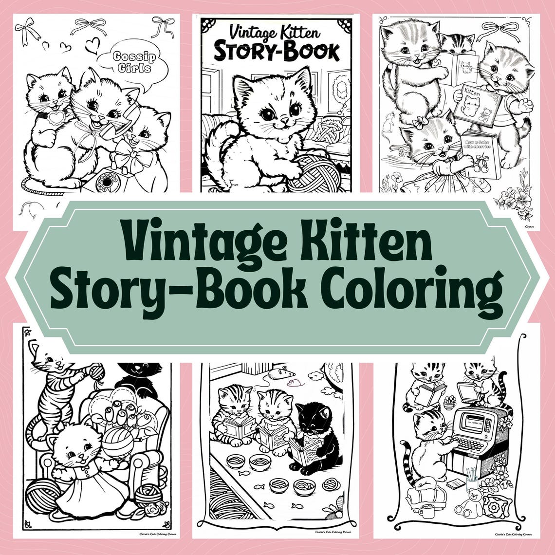 Retro Kitten Digital Coloring Pages, Vintage Cat Color Sheets ...