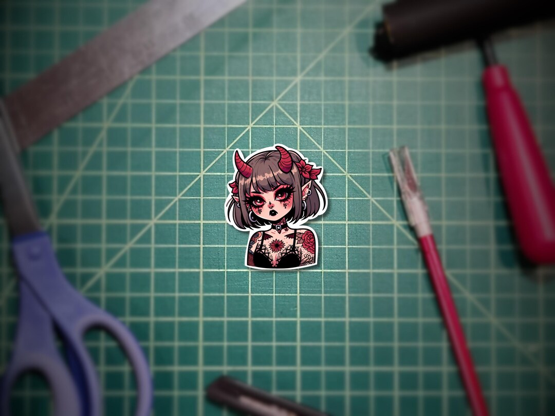 Cute Demon Girl Sticker With Red Horns • Glossy Vinyl Gothic Tattoo Art ...