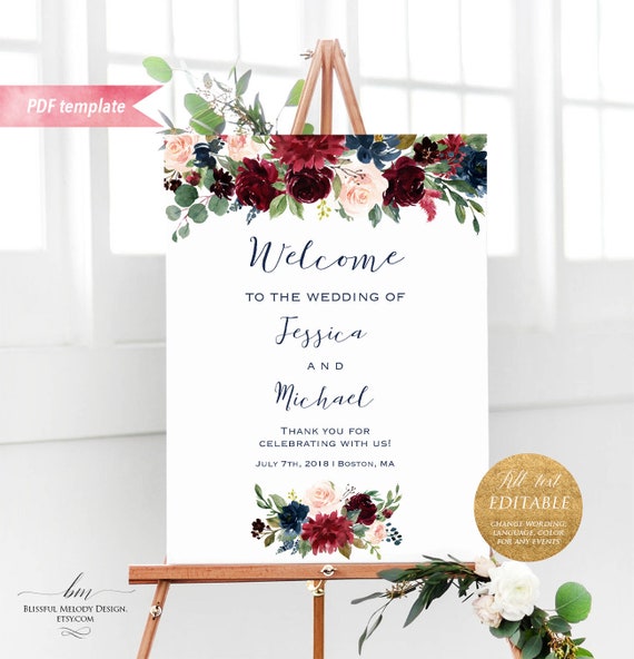 Printable Red Burgundy Navy Blue Floral Welcome Sign, All Text Editable ...