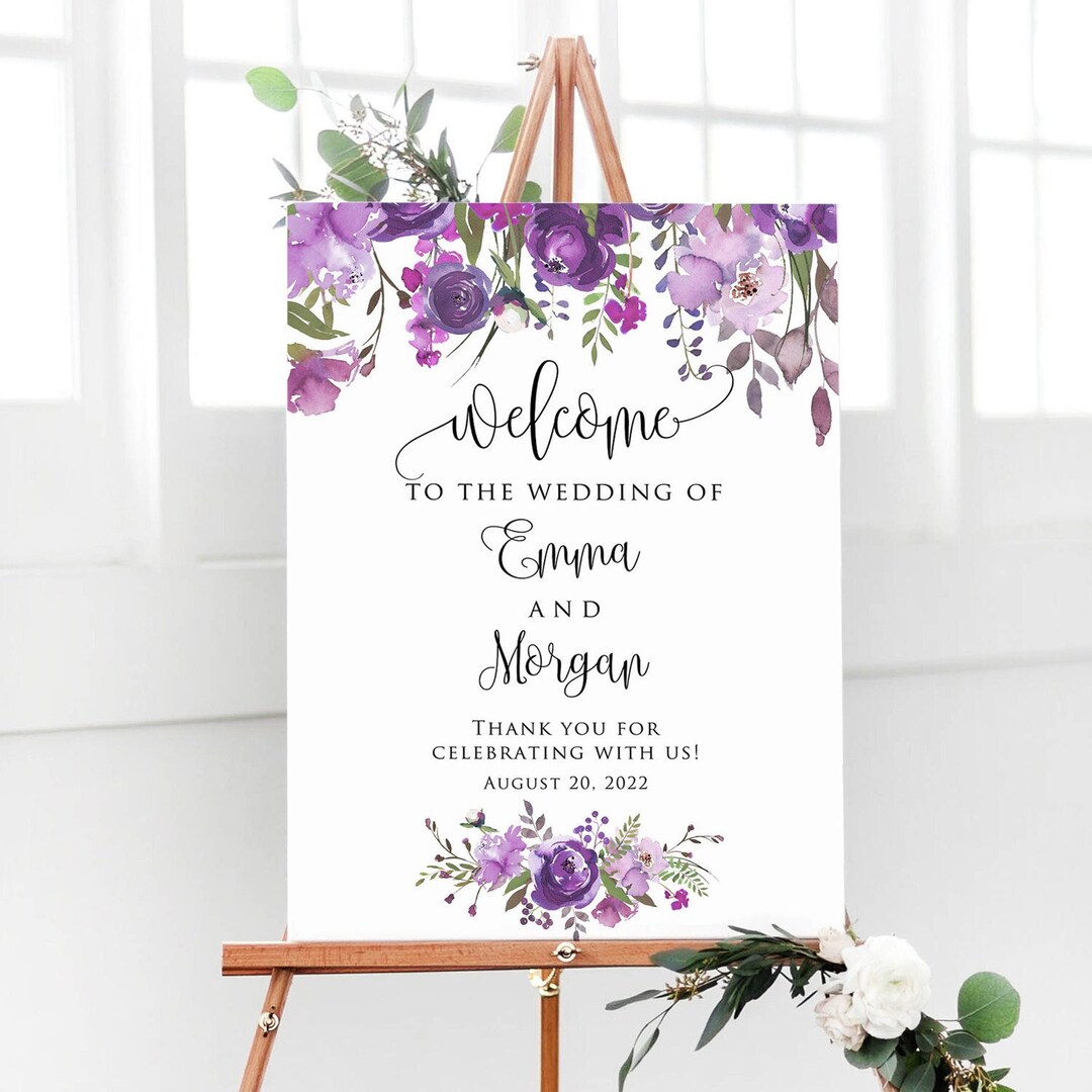Printed Purple Lavender Floral Wedding Welcome Sign, Personalized ...