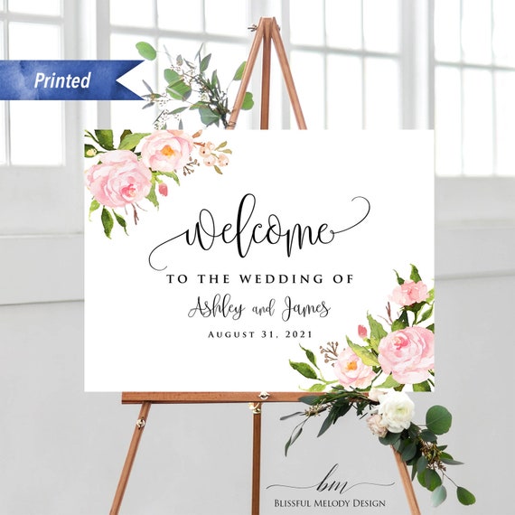 Printed Blush Pink Floral Wedding Welcome Sign, Personalized Horizontal ...