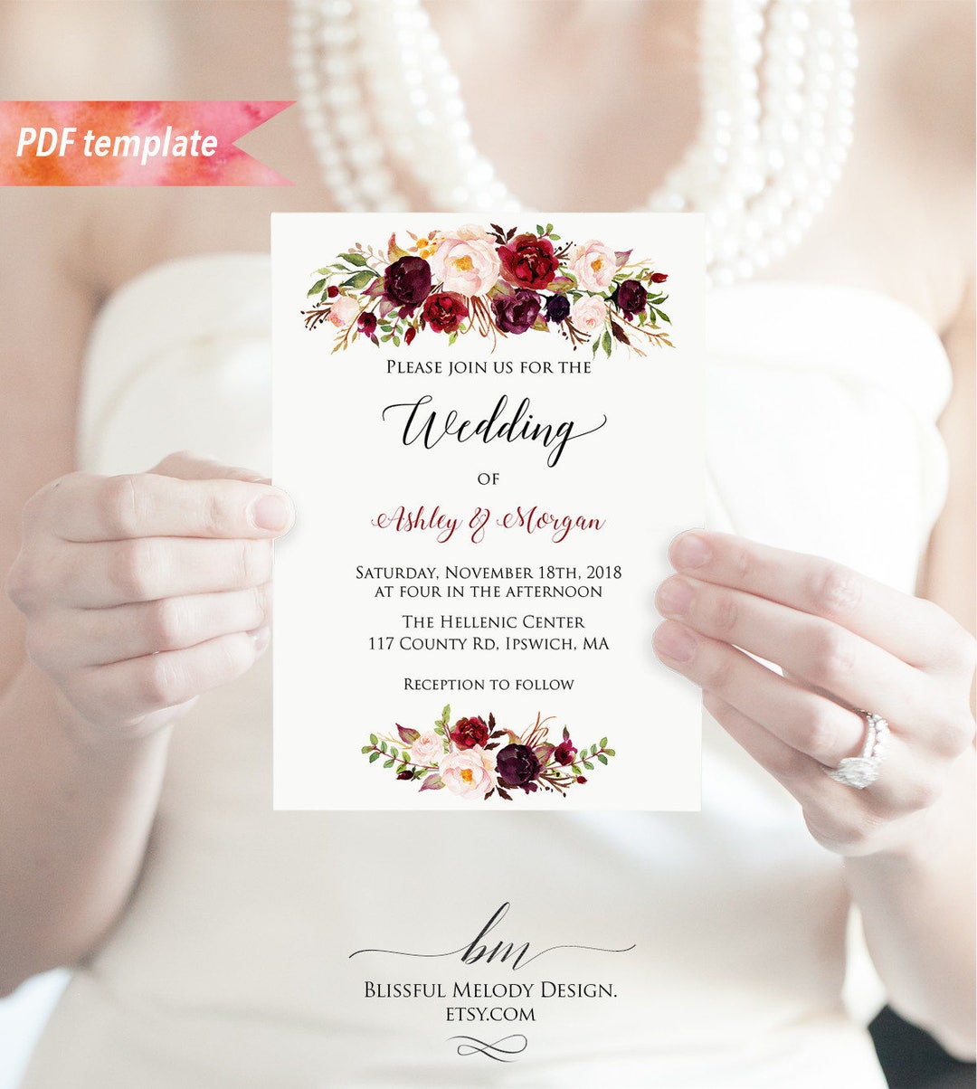 Printable Burgundy Floral Wedding Invitation PDF Template - Etsy