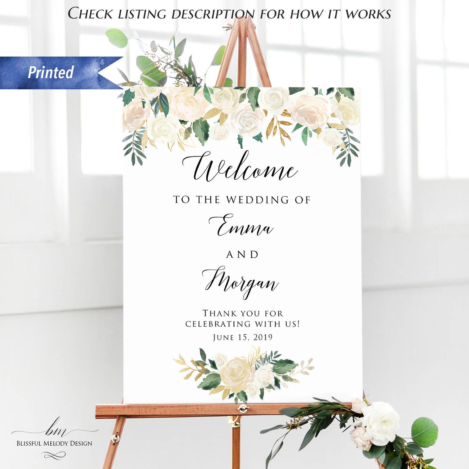 Printed Cream White Gold Floral Wedding Welcome Sign - Etsy