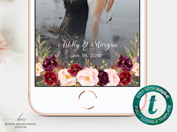 Burgundy Pink Floral Wedding Snapchat Geofilter, DIY Snap Chat Filter ...
