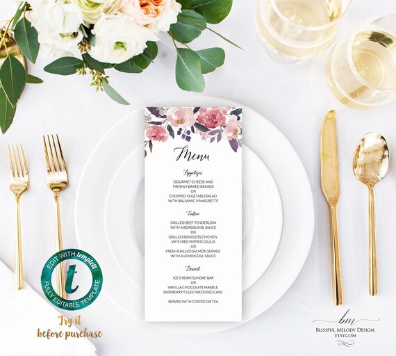 All Editable Dusty Pink Floral Wedding Long Menu Template, Printable ...