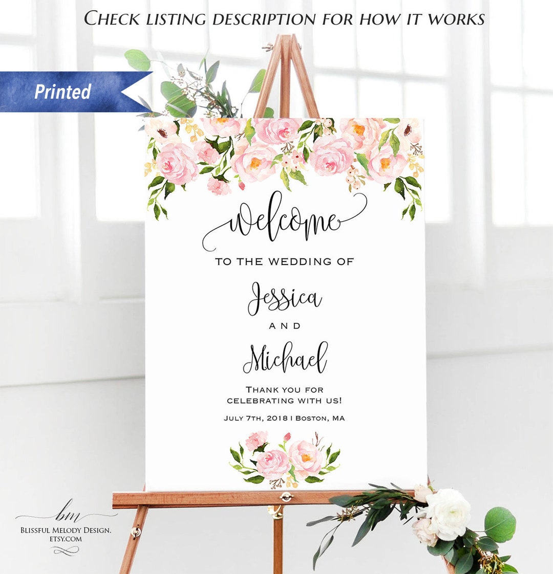 Printed Blush Pink Floral Wedding Welcome Sign Personalized - Etsy