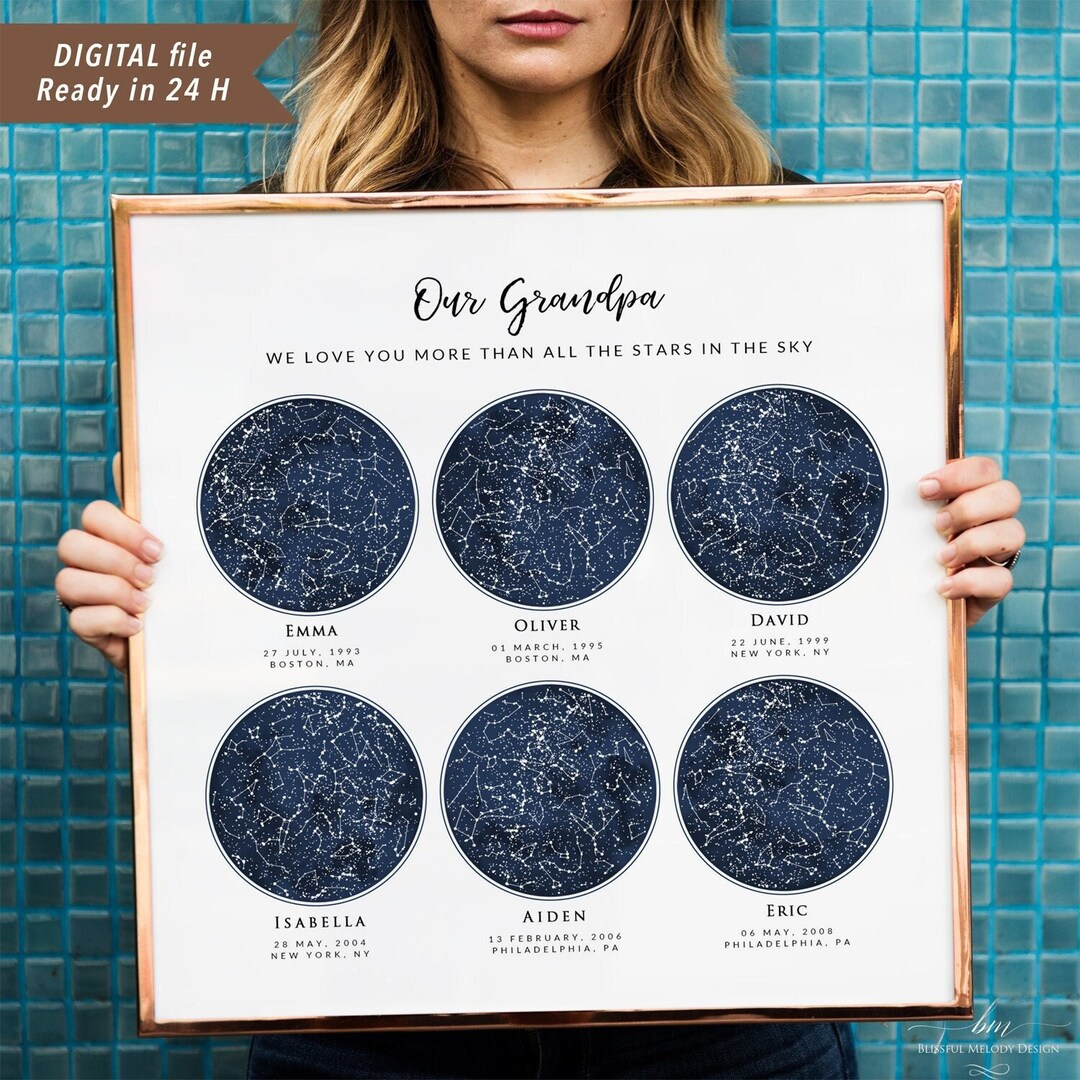 Digital File - Custom 6 Sky Map, Navy Watercolor Constellation Star Map ...