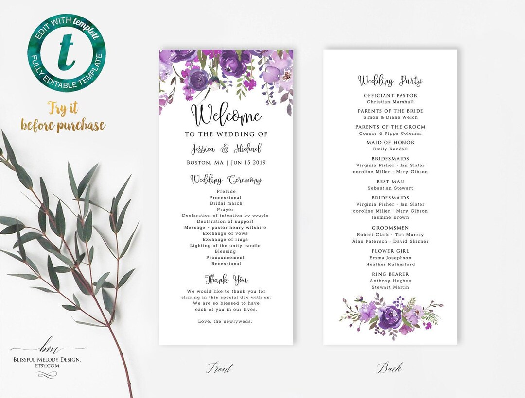 All Editable Purple Lavender Floral Double Sided Wedding Long Program ...