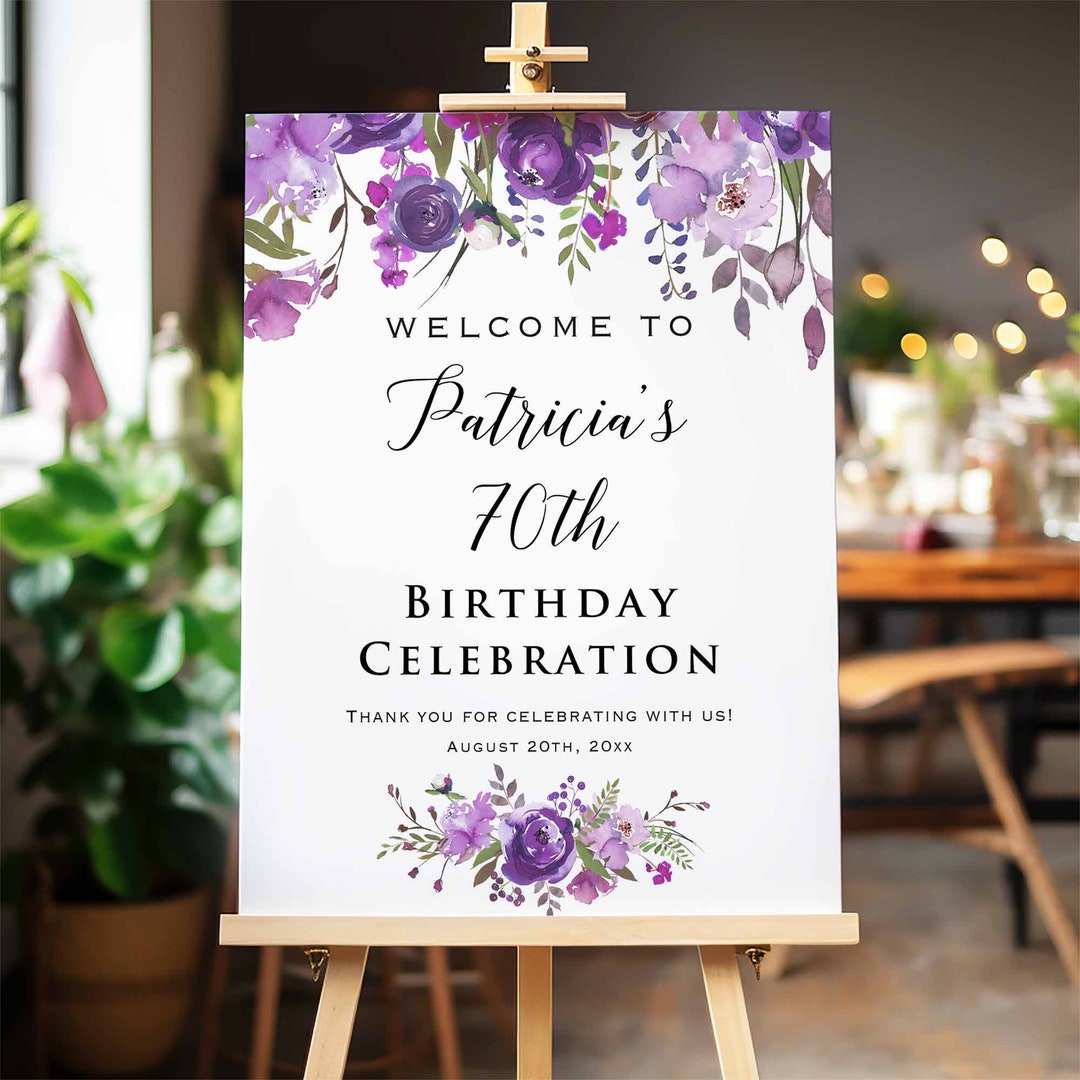 Printed Purple Lilac Floral Birthday Welcome Sign, Personalized ...