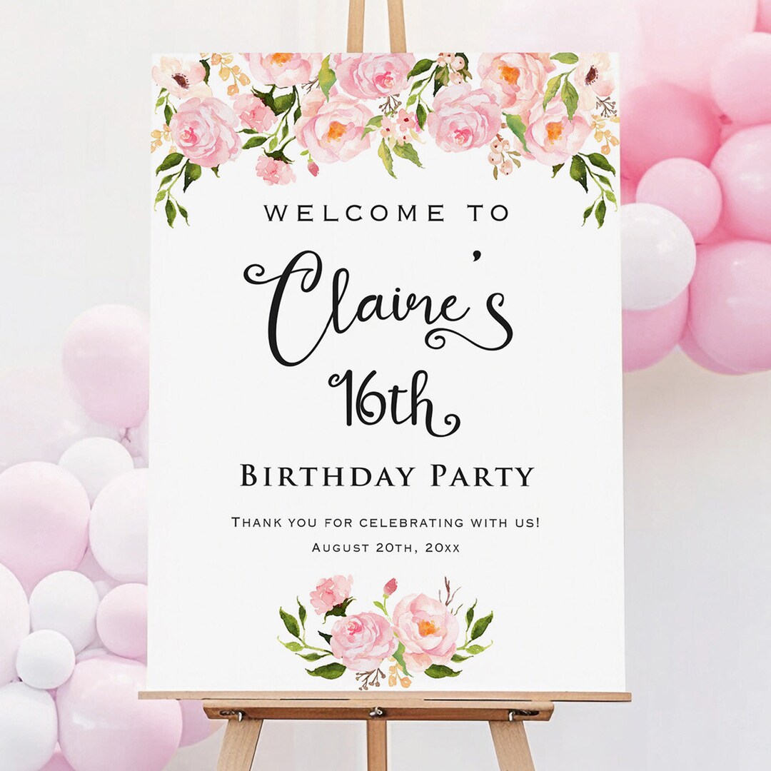 Printed Light Pink Floral Birthday Welcome Sign, Personalized Birthday ...