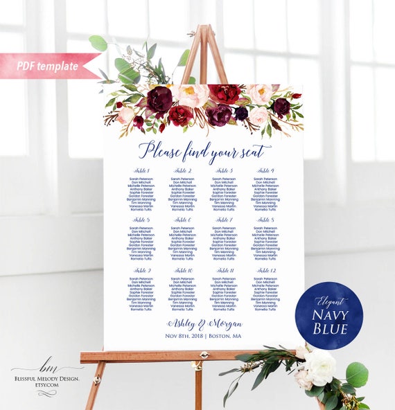 Printable Burgundy Floral Navy Blue Font Seating Chart Board, Wedding ...