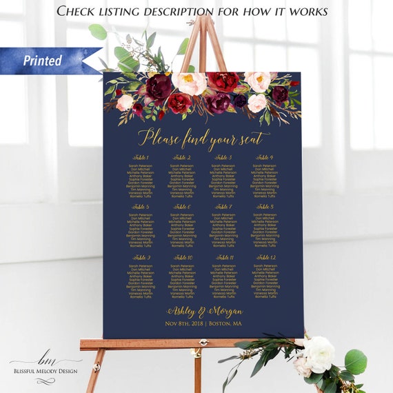 Printed Burgundy Floral Navy Gold Wedding Seating Chart Board ...