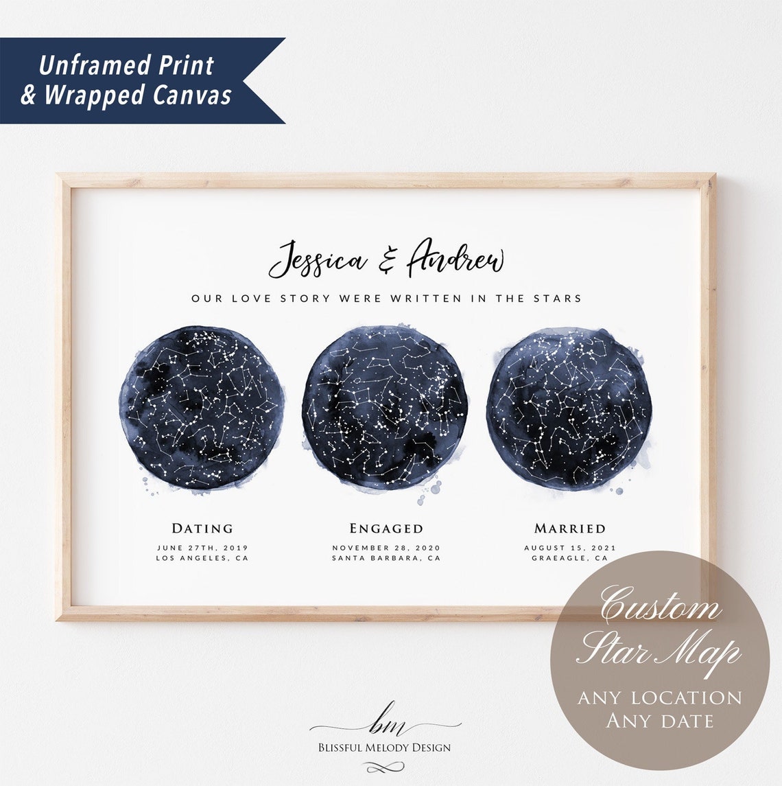 Custom 3 Star Maps Print Navy Watercolor Night Sky - Etsy