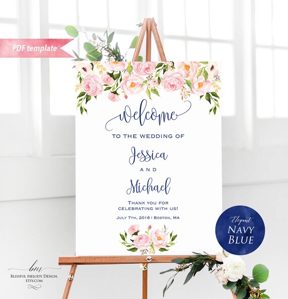 Printable Blush Pink Floral Navy Blue Welcome Sign, Editable Wedding ...