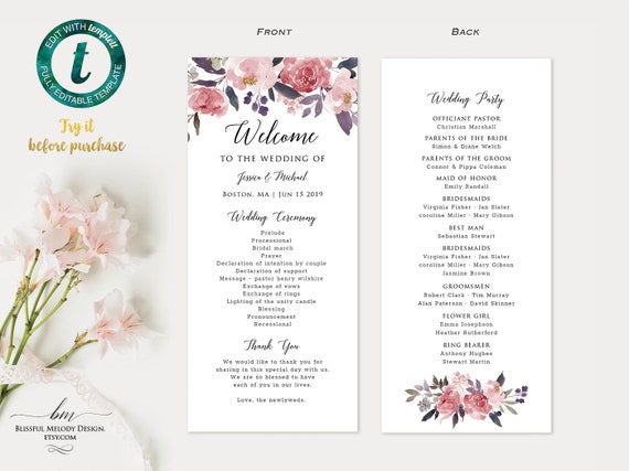 All Editable Dusty Pink Floral Double Sided Wedding Long Program ...