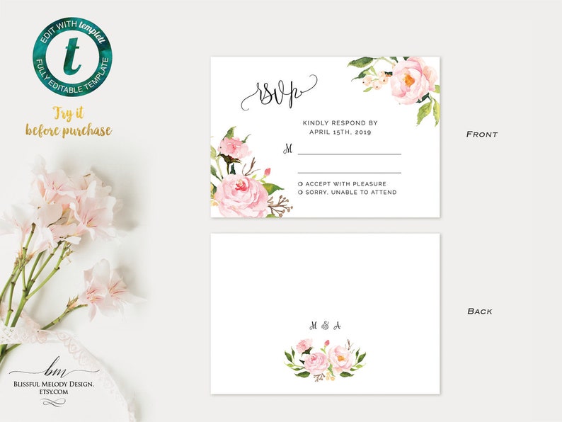 Printable Blush Pink Floral Wedding Invitation Set Template | Etsy