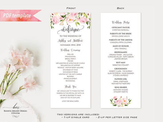 Printable Blush Pink Floral Double Sided Long Wedding Program, Editable ...