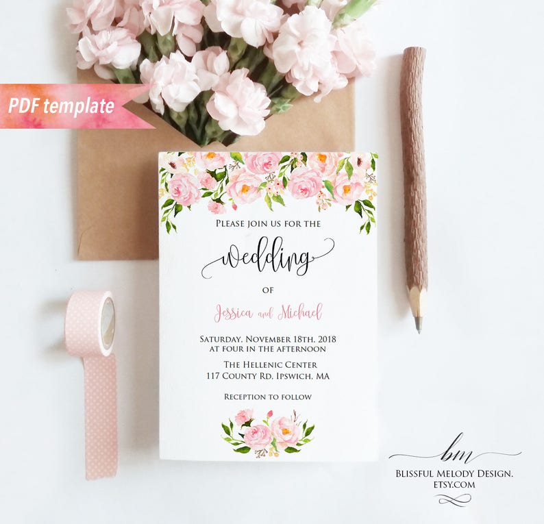 Printable Blush Pink Floral Wedding Invitation Pdf Template Etsy