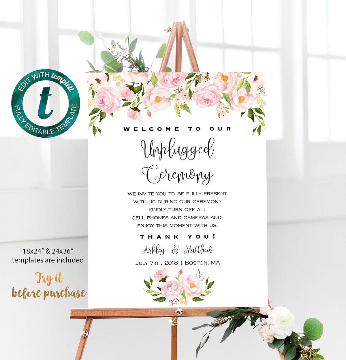 All Editable Blush Pink Floral Large Sign Template Printable | Etsy