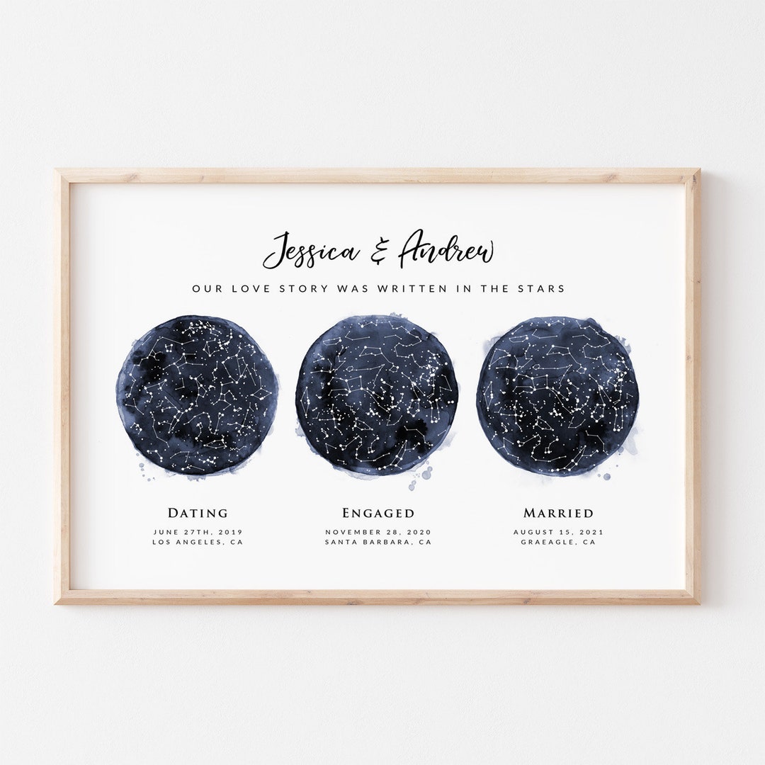 Custom 3 Star Maps Print, Navy Watercolor Night Sky Constellation, Love ...