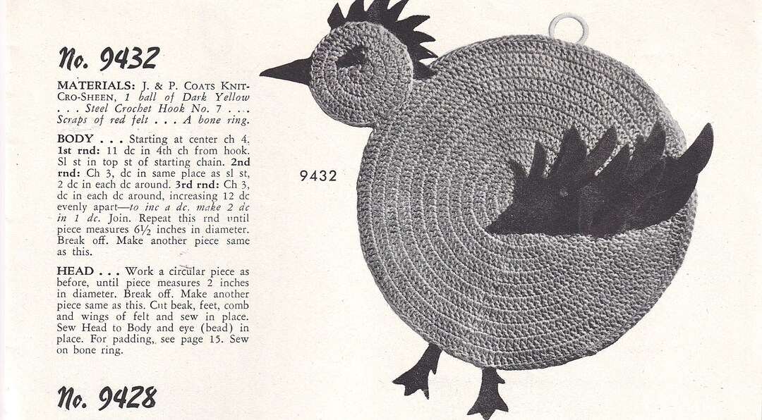 Vintage Crochet PDF Pattern for Chicken or Hen Pot Holder or Hot Pad - Etsy