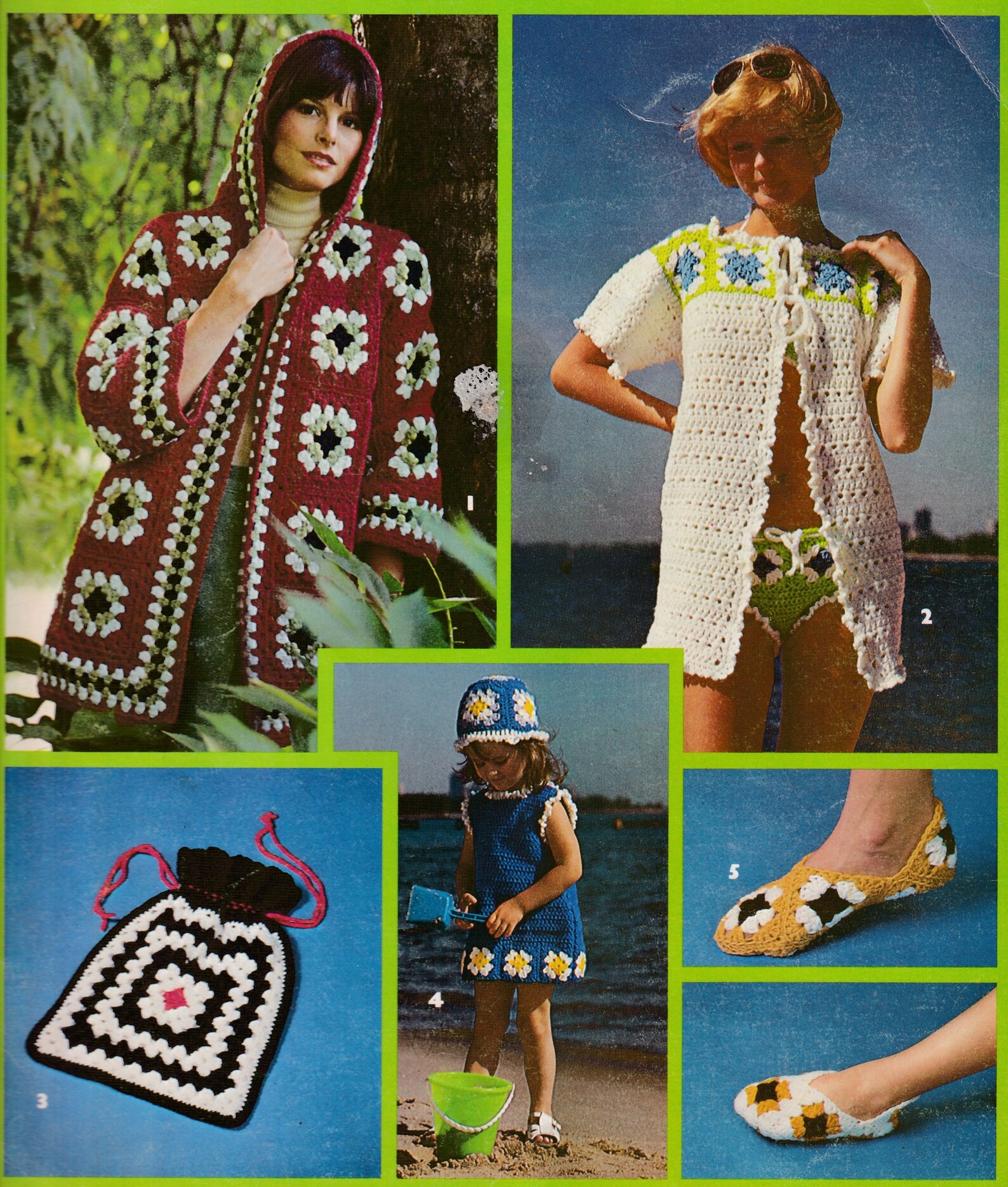 Vintage Crochet Clothing Pattern for Granny Square Hooded Jacket Little ...