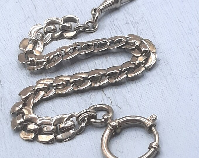 Art Deco Chrome Watch Chain... Fancy Link... Over-size Bolt Ring... Dog ...