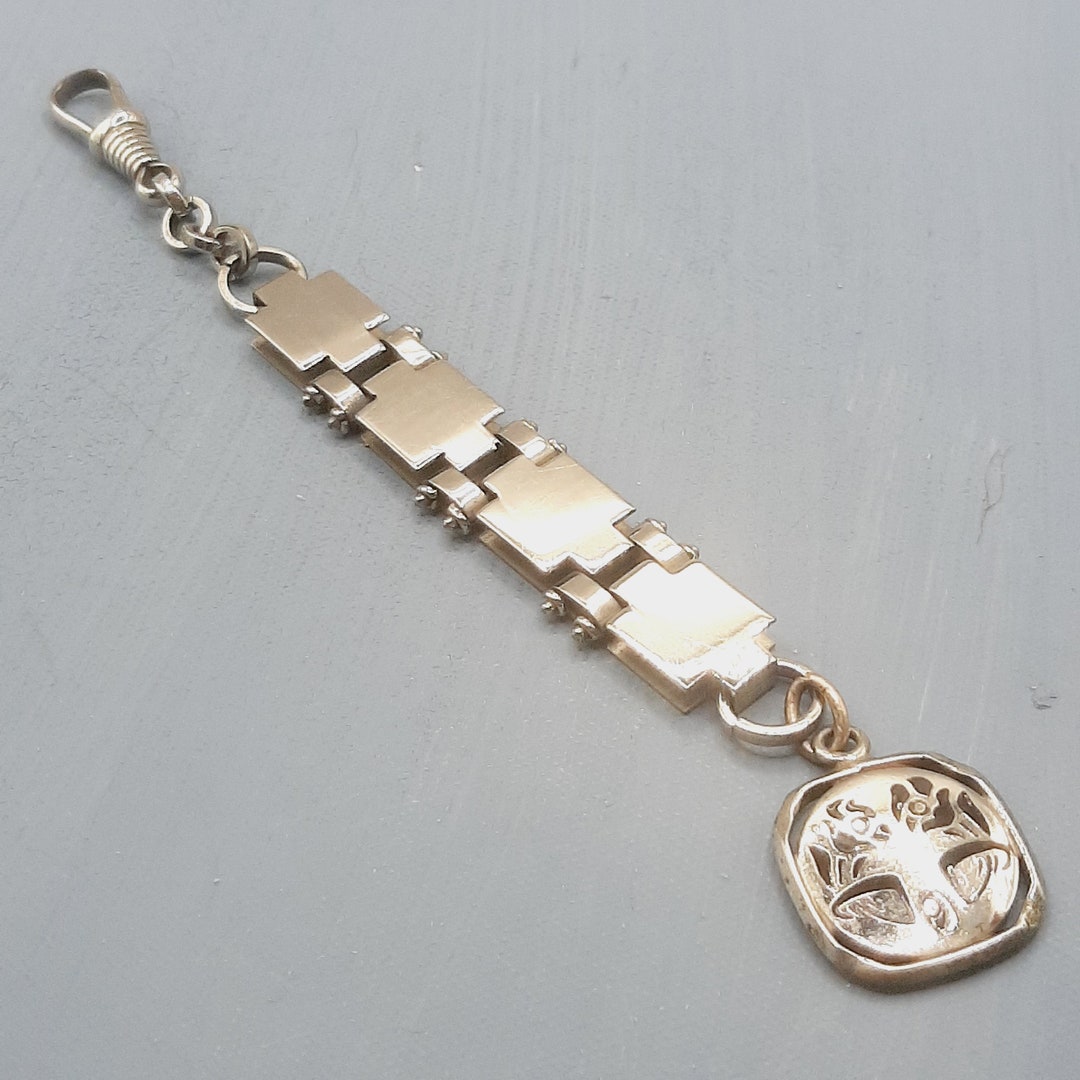JAKOB BENGEL Brickwork Watch Chain... Chrome Plated... Damascene Style ...